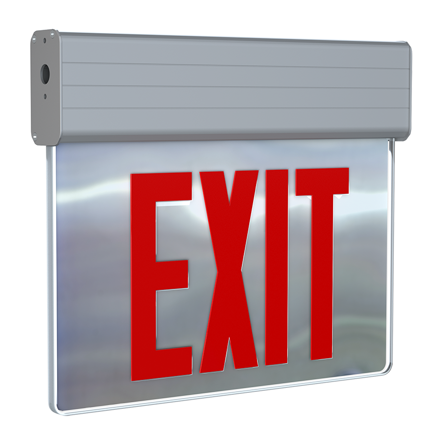 RAB EXITEDGE-MP/E EDGE-LIT EXIT SIGN UNV FACES RED LETTERS MIRROR PANEL BATTERY BACKUP ALUMINUM ...